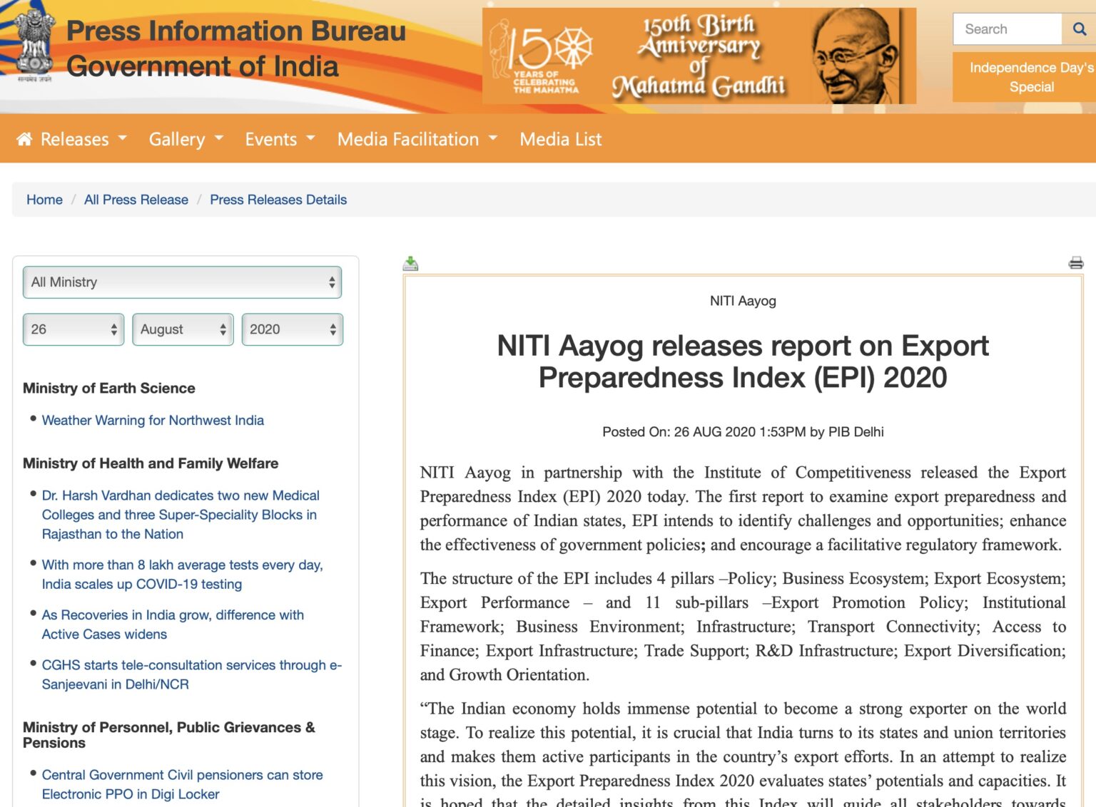NITI Aayog releases report on Export Preparedness Index (EPI) 2020 ... NITI Aayog releases report on Export Preparedness Index (EPI) 2020 ...